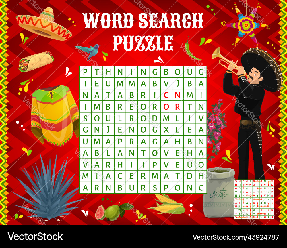 Word search puzzle game worksheet mexican quiz Vector Image