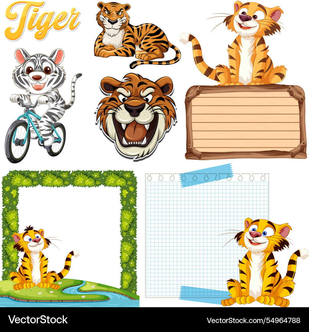 Cute tiger designs with frames and stationery Vector Image