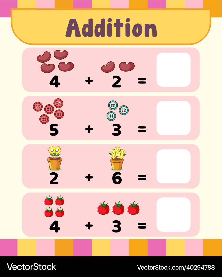Preschool addition math worksheet template Vector Image