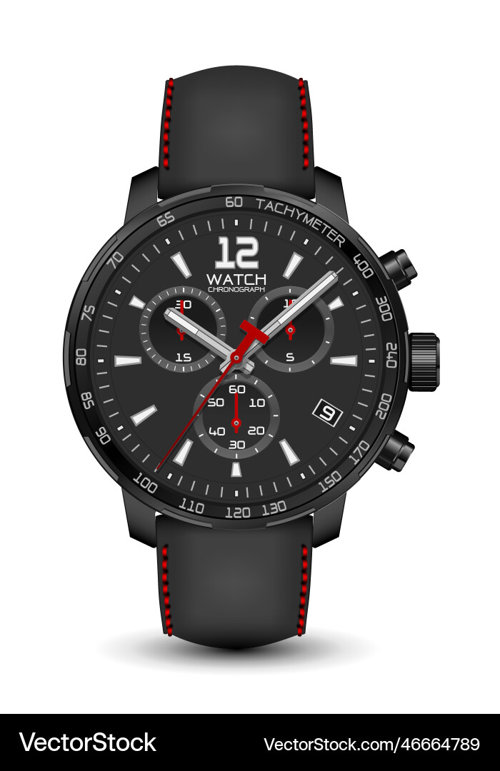 Realistic watch clock chronograph black steel Vector Image