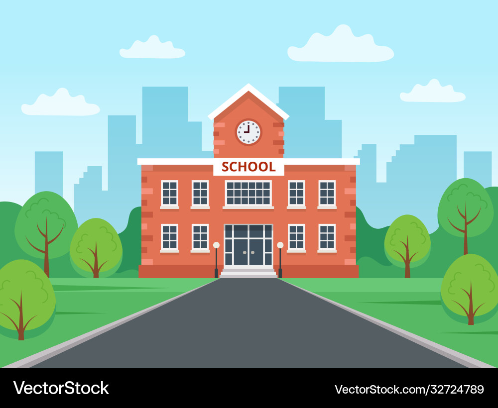 School building with city landscape Royalty Free Vector