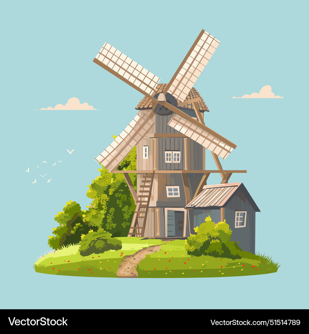 Traditional wooden windmill surrounded nature Vector Image