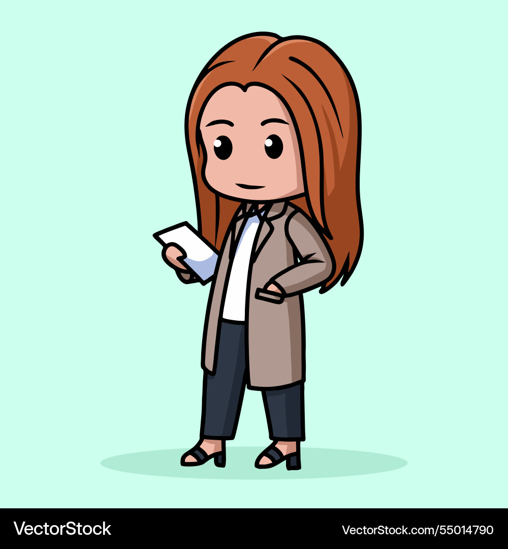 Chibi kawaii woman using long coat in walking pose