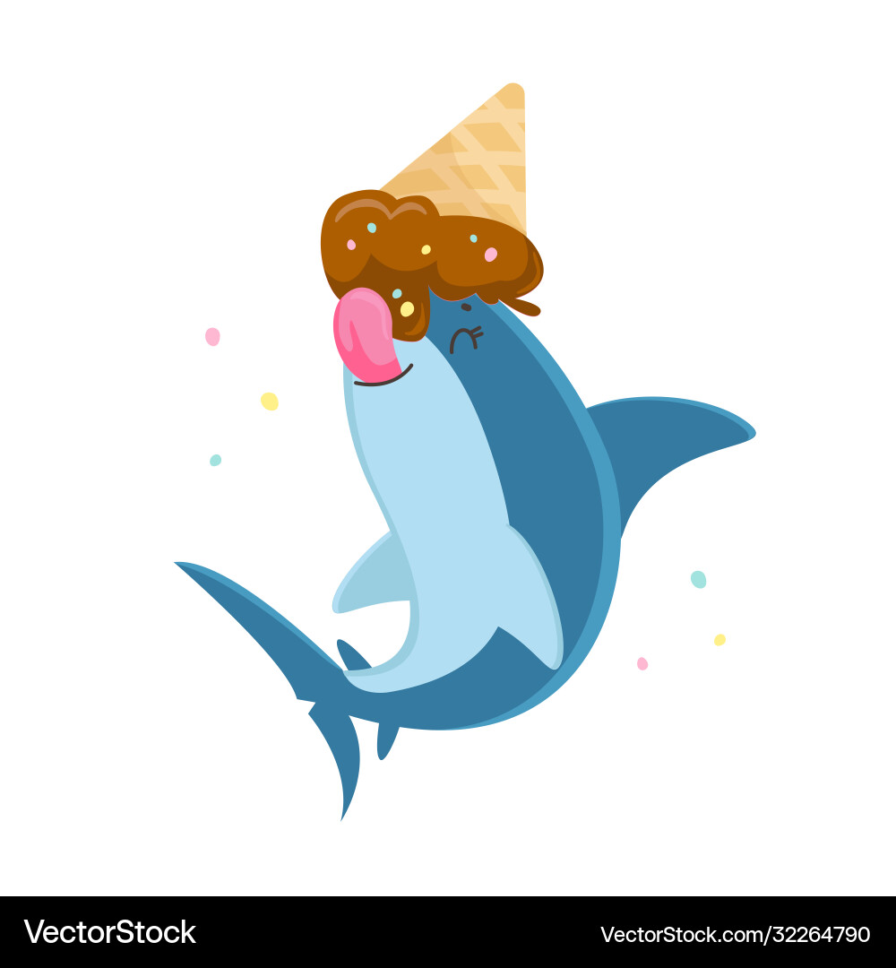 Cute shark character licking melted ice cream cone
