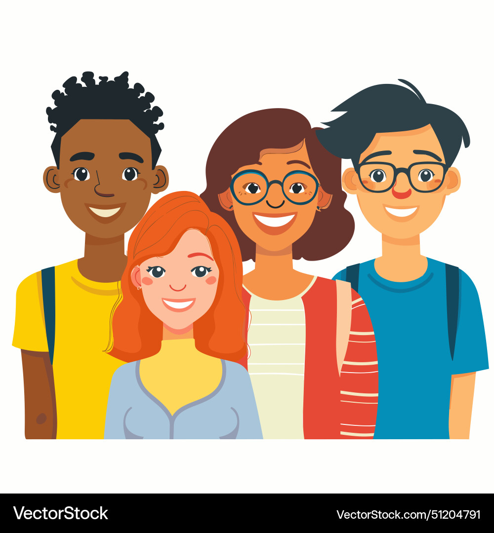 Four diverse cartoon characters smiling together Vector Image