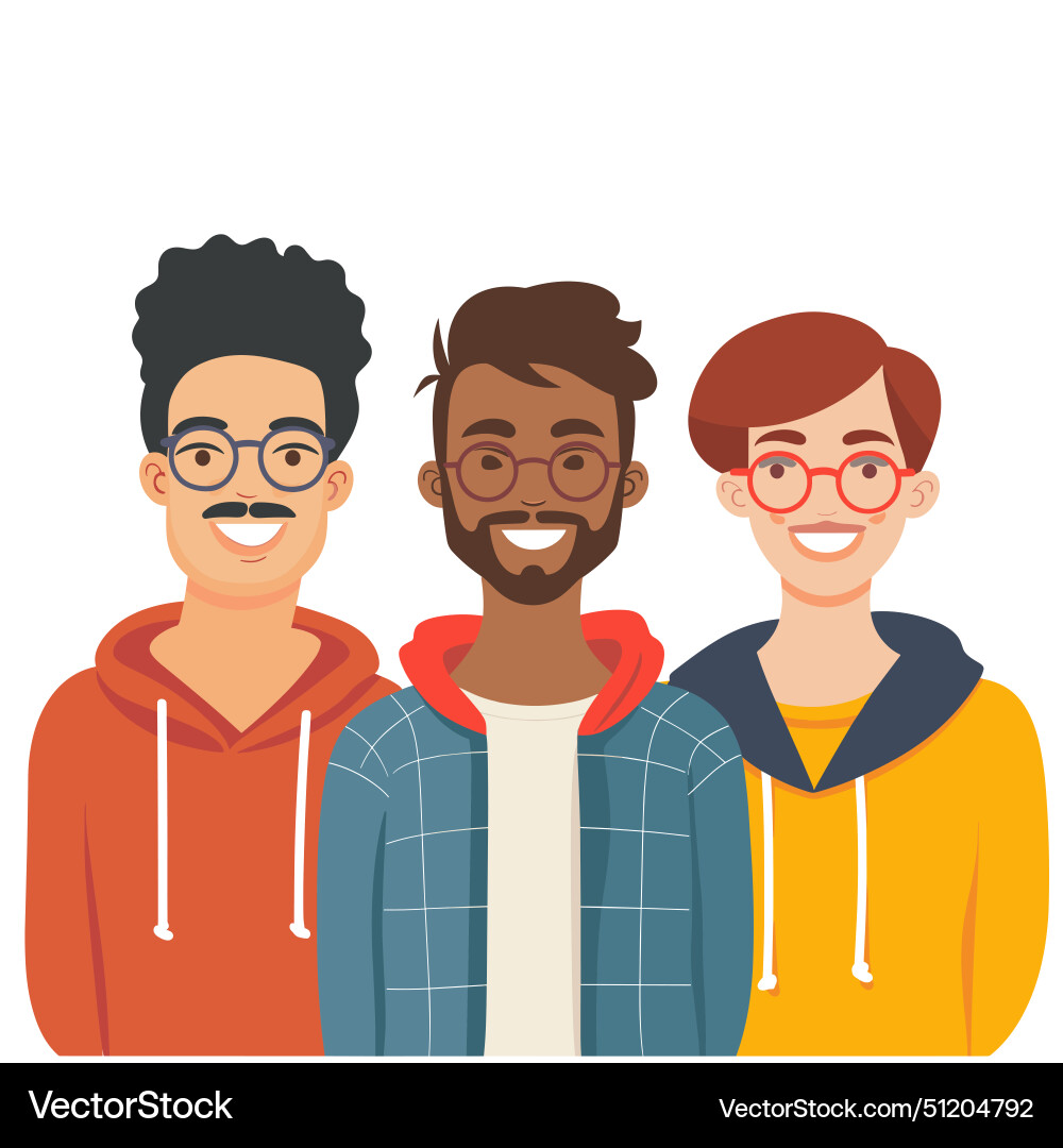 Three young men diverse group friends smiling Vector Image
