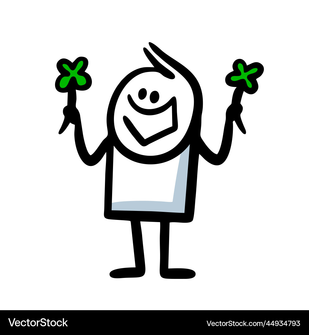A happy irish man holds two four-leaf clovers Vector Image