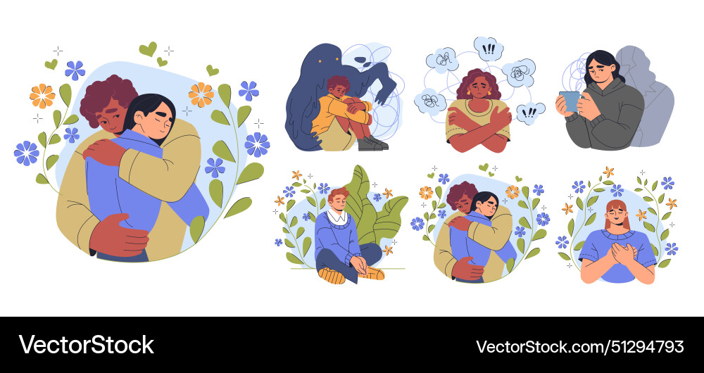 Different people expressing emotions with a floral