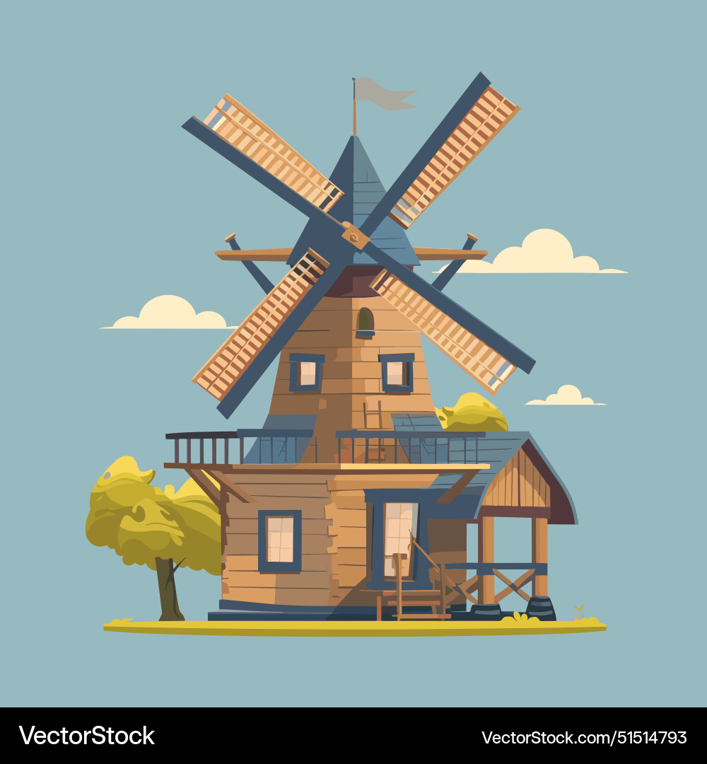 Traditional dutch windmill standing under blue sky