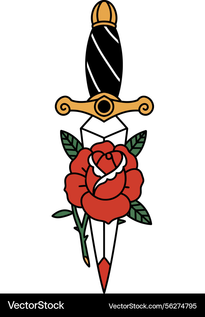 Dagger with black handle piercing red rose Vector Image