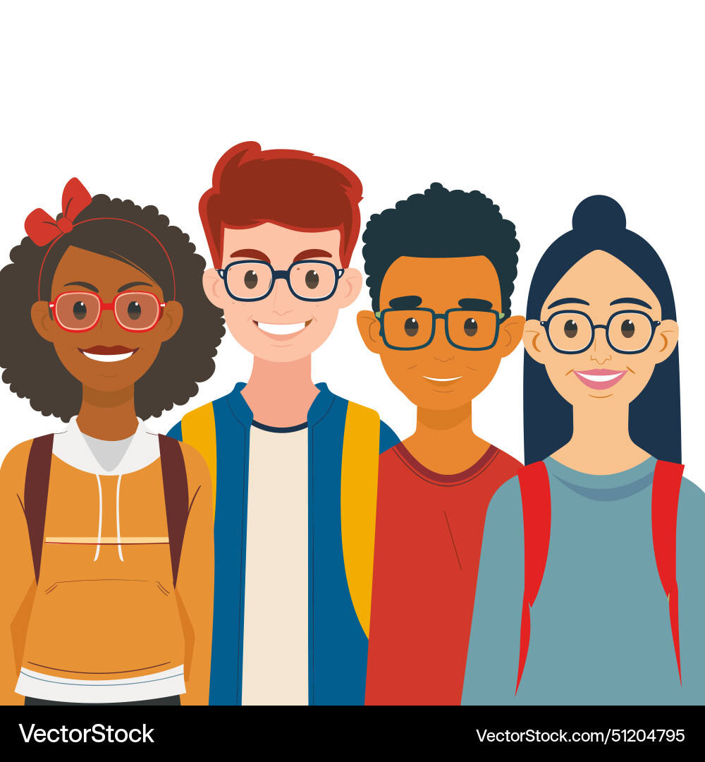 Four diverse students smiling against white Vector Image