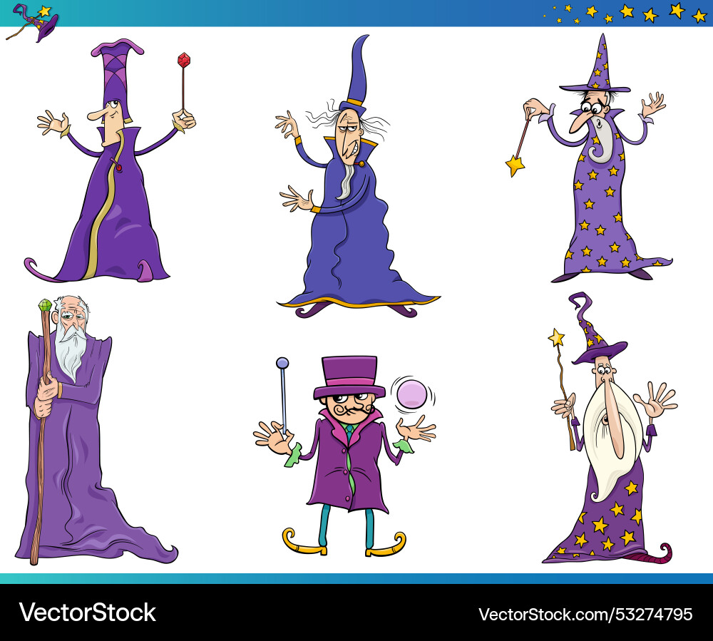 Funny cartoon wizards fantasy characters set Vector Image