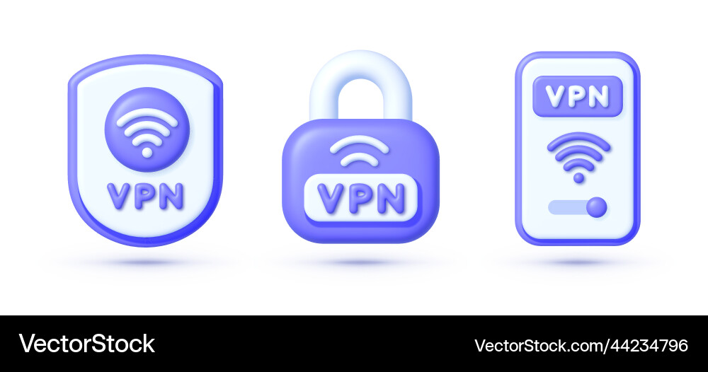 Set vpn icons in 3d style shield and lock Vector Image
