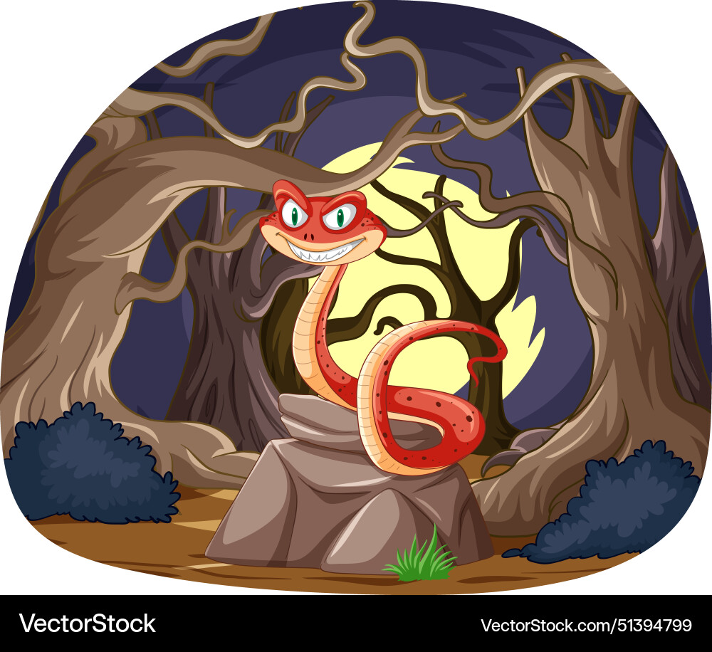 A snake smiling in spooky forest Royalty Free Vector Image