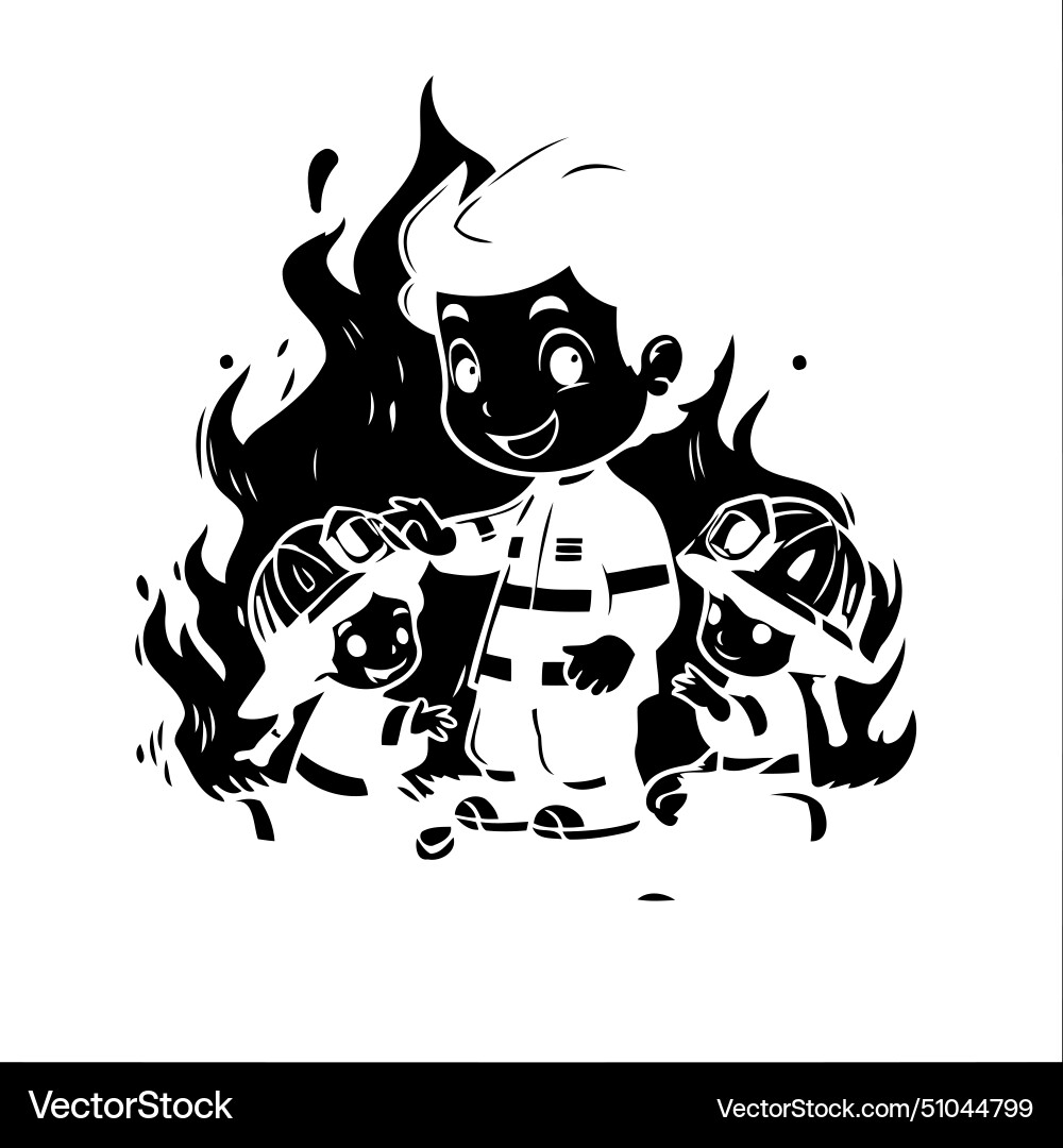 Firefighter and children on fire cartoon eps 10 Vector Image