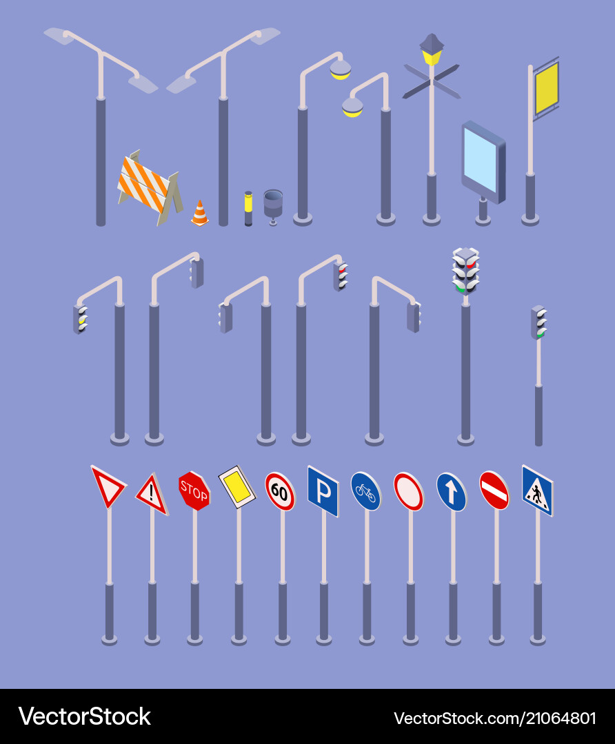 Isometric road objects icons set traffic street Vector Image