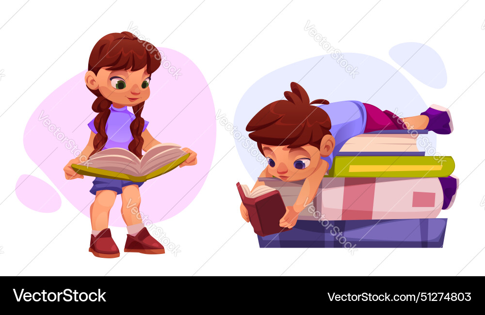 Smart kids reading books set Royalty Free Vector Image