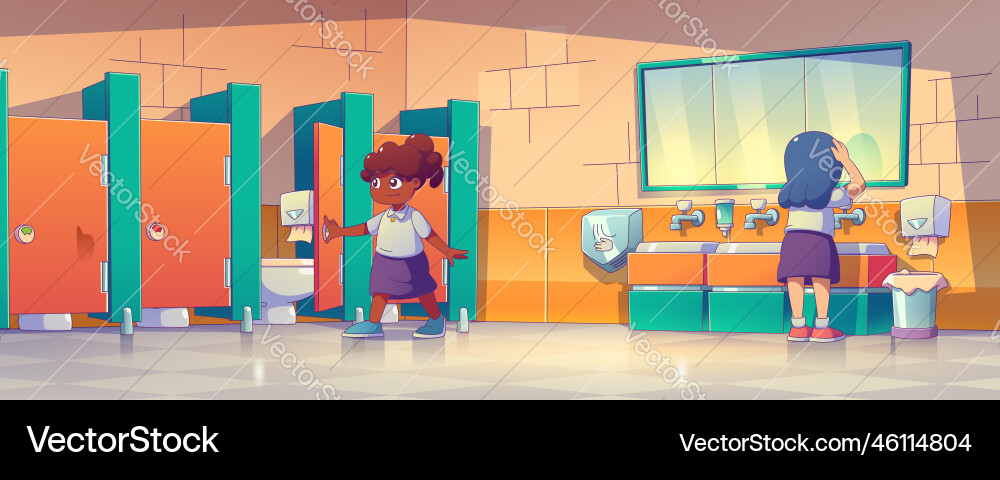 Schoolgirls in Restroom Royalty Free Vector Image