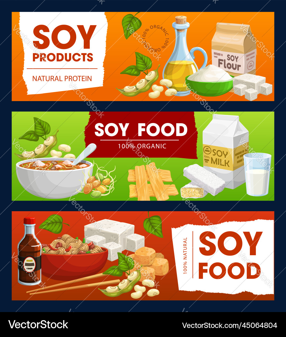 Soy and soybean products banners set Royalty Free Vector