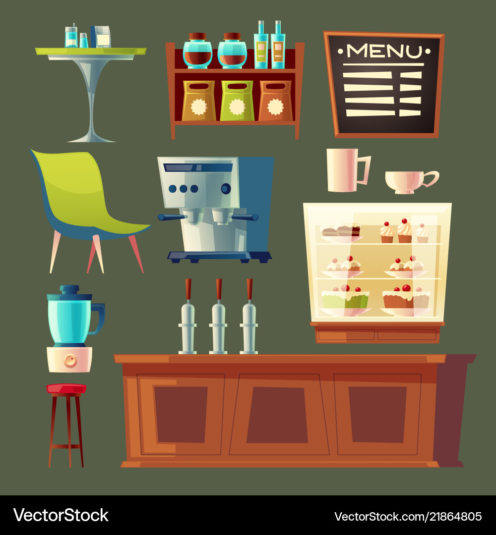 Cartoon cafe set cafeteria interior Royalty Free Vector