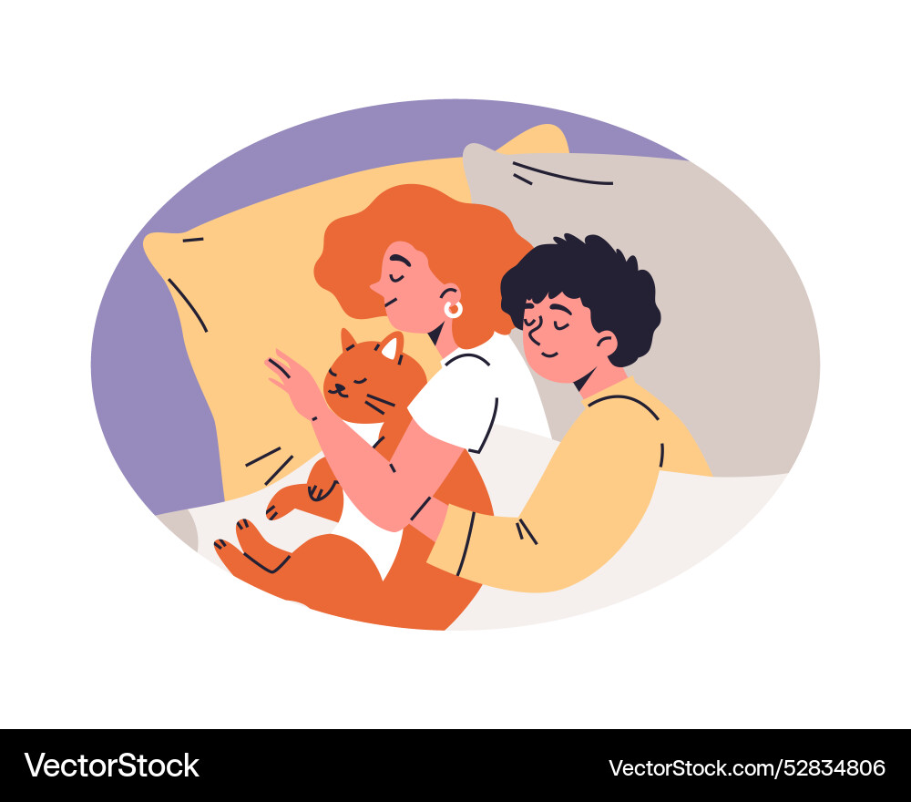 Couple cuddling with cat on bed in isolated round Vector Image
