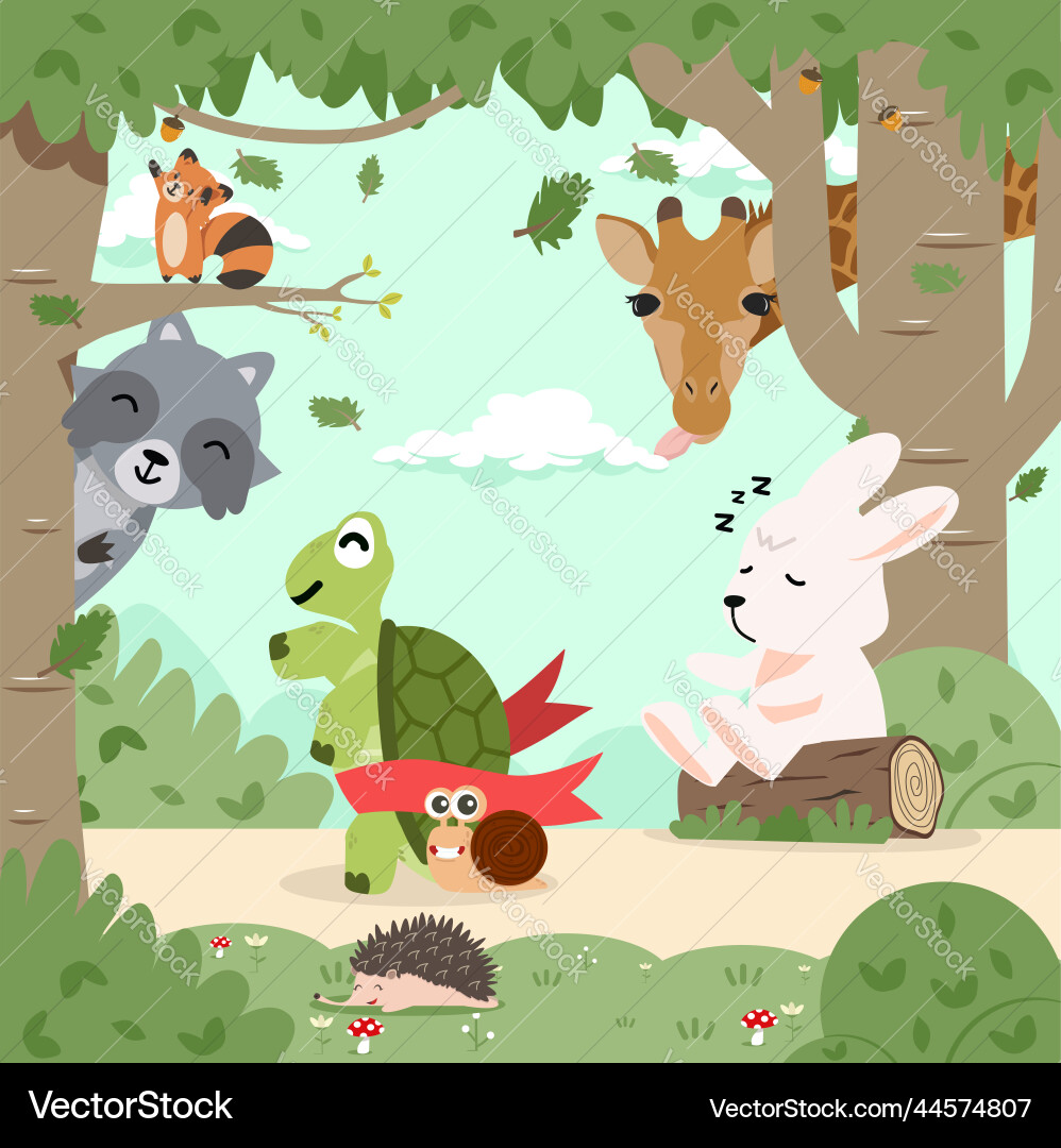 Cartoon the hare and tortoise run at forest Vector Image