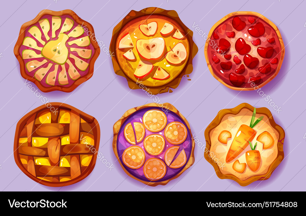 Fruit and vegetable pies top view set Royalty Free Vector