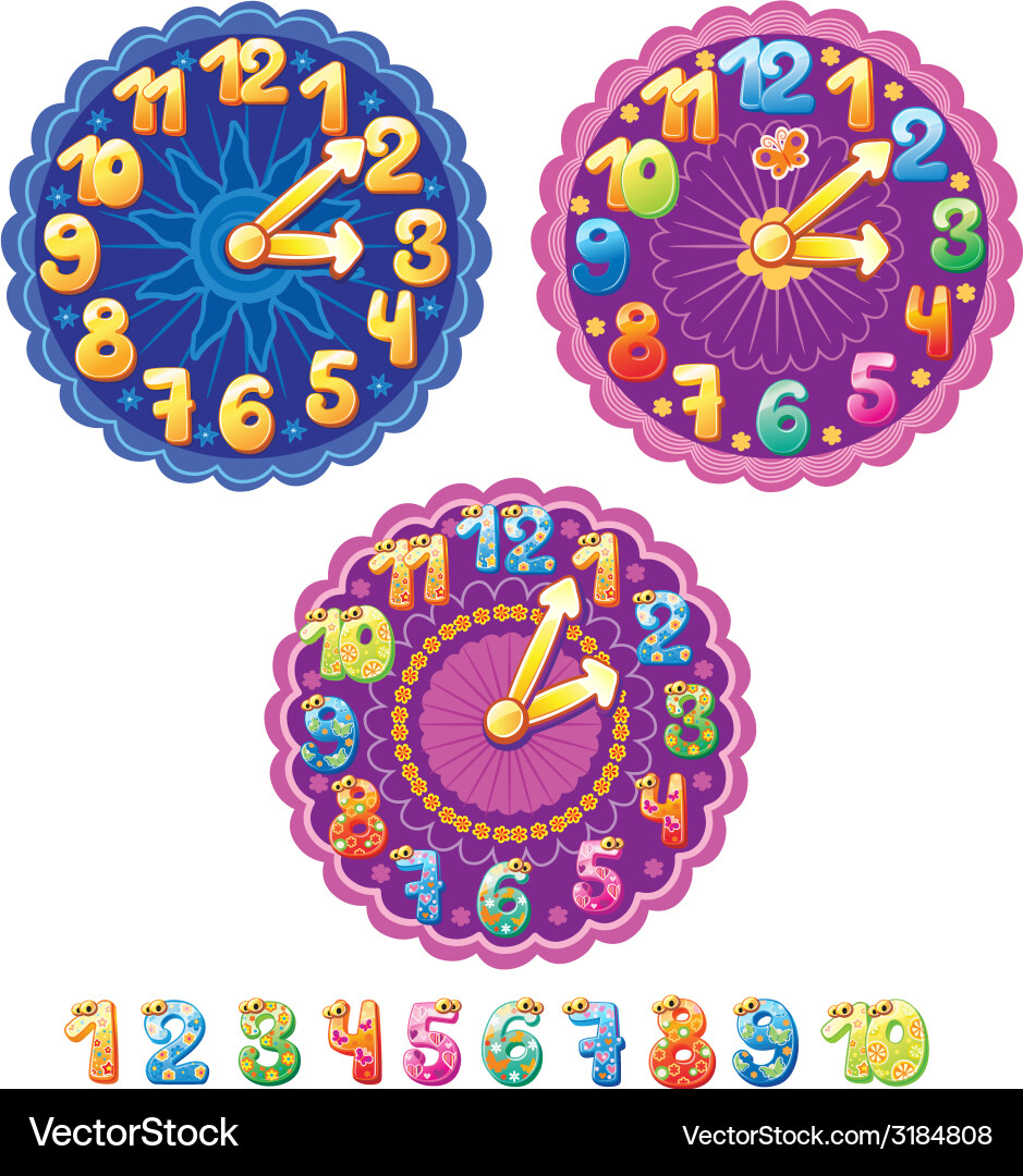 Funny clock for kids and numbers Royalty Free Vector Image