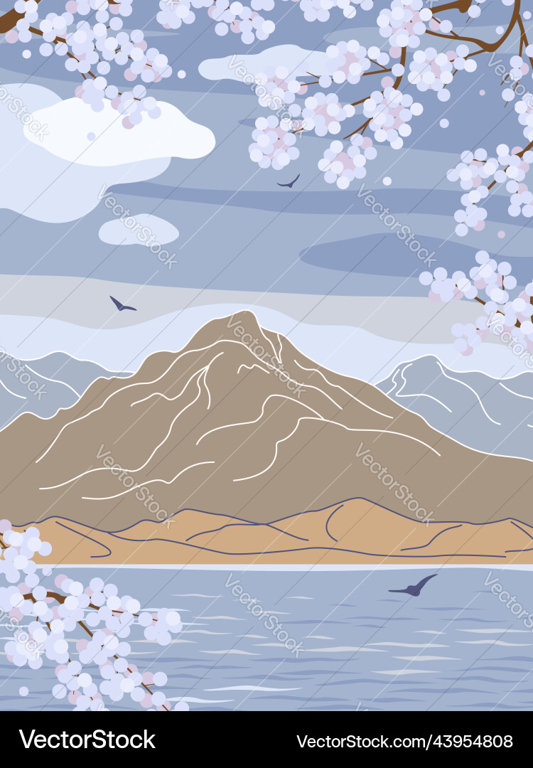 Landscape with mountains and flowering sakura Vector Image