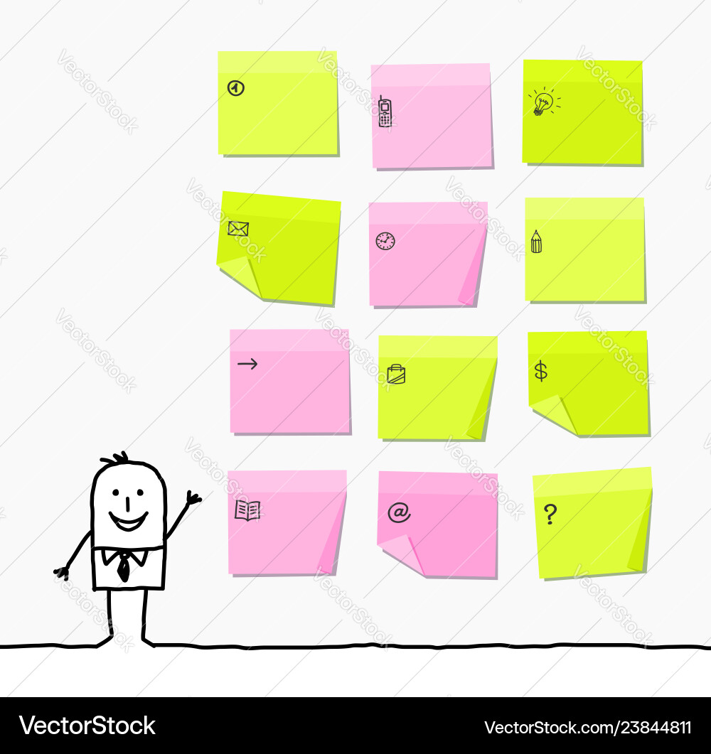 Cartoon Man Surrounded by Sticky Notes Royalty Free Vector