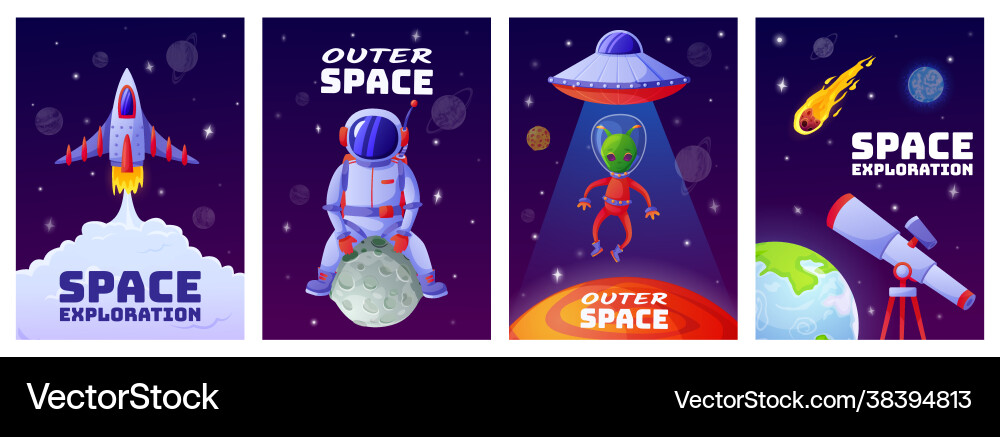 Cartoon space posters universe banners Royalty Free Vector