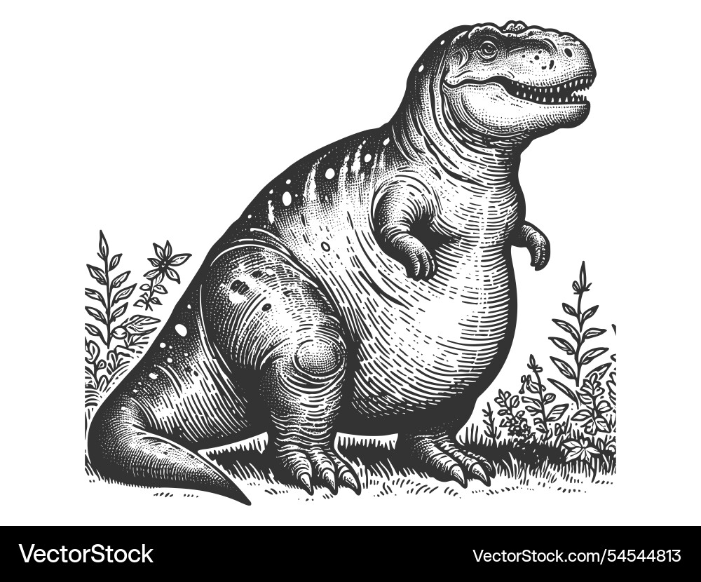 Fat chubby dinosaur engraving Royalty Free Vector Image