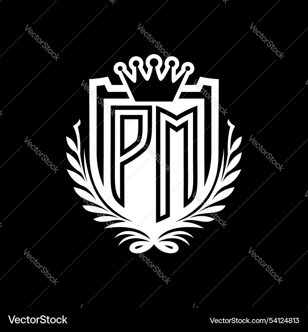 Pm letter logo heraldic shield shape with crown Vector Image