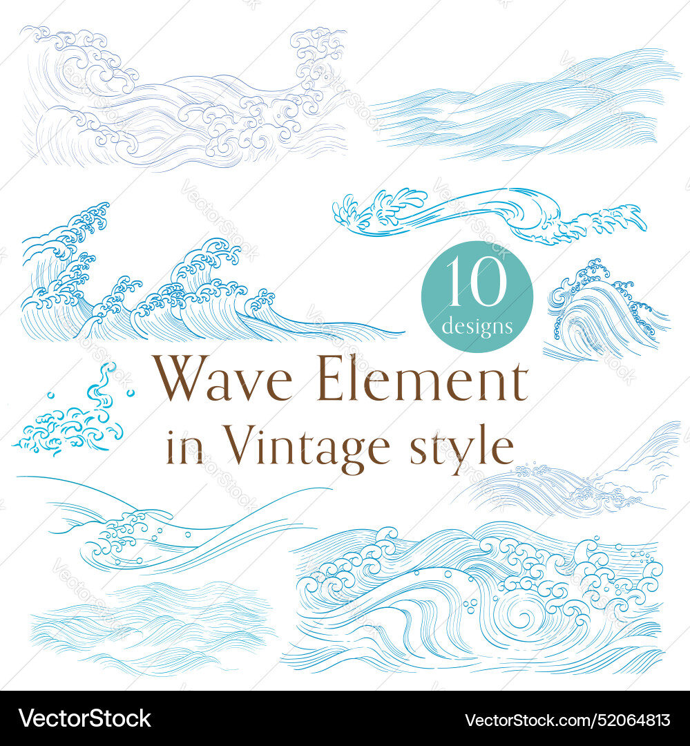 Set of blue hand drawn wave elements natural art Vector Image