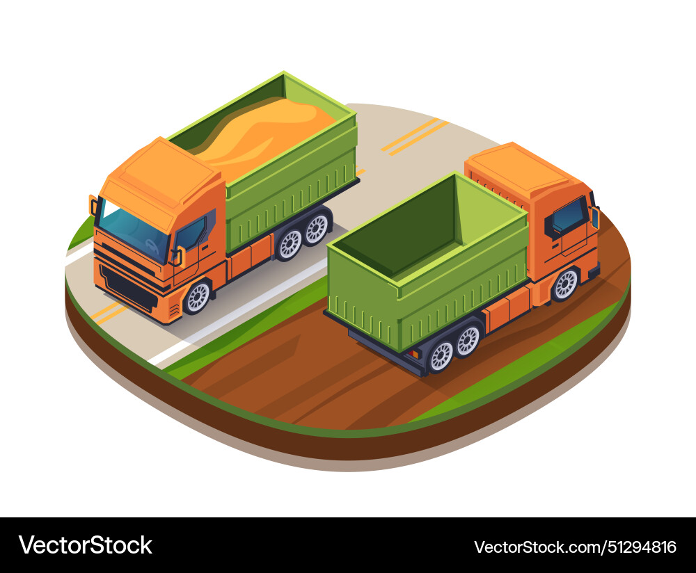 Two orange and green toy dump trucks on a round Vector Image
