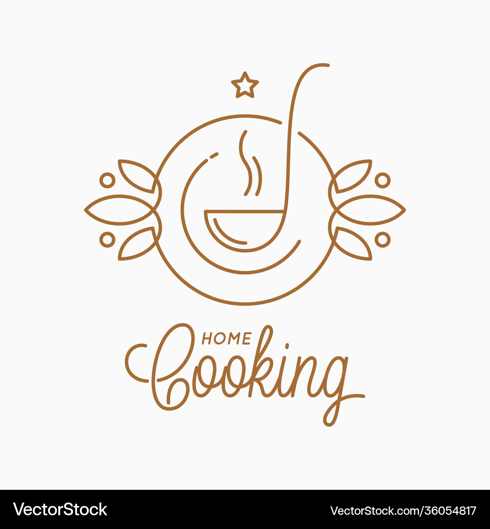 Home cooking linear logo with plate and ladle Vector Image