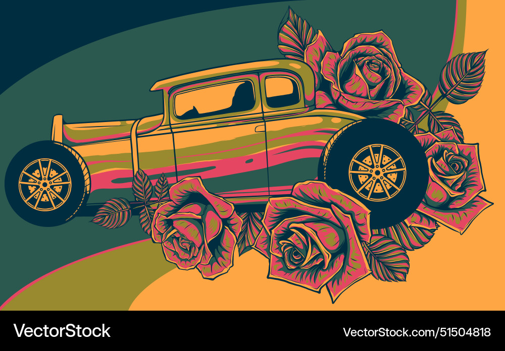 Hot rod car with roses Royalty Free Vector Image