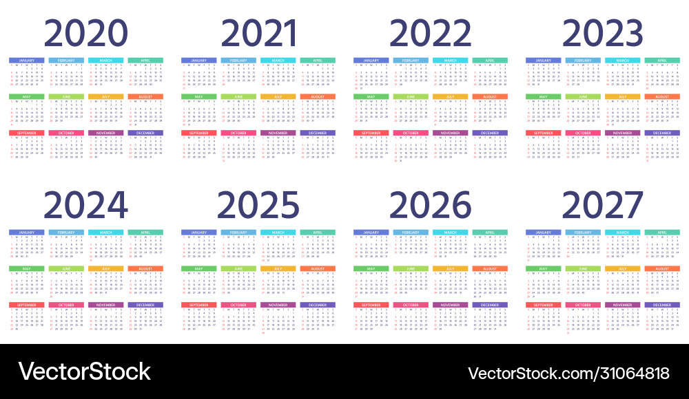 Yearly Calendar 2020-2027 Royalty Free Vector Image
