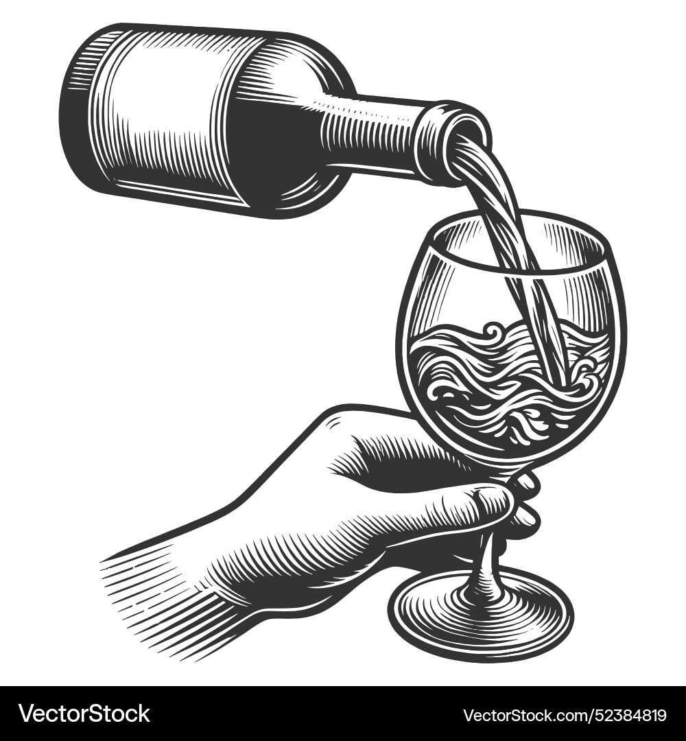 Pouring wine into glass engraving Royalty Free Vector Image