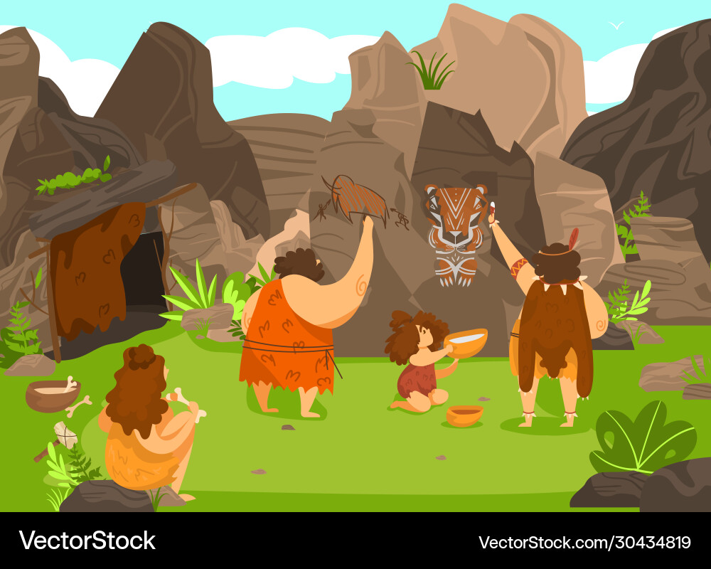 Prehistoric people drawing on rock stone age Vector Image