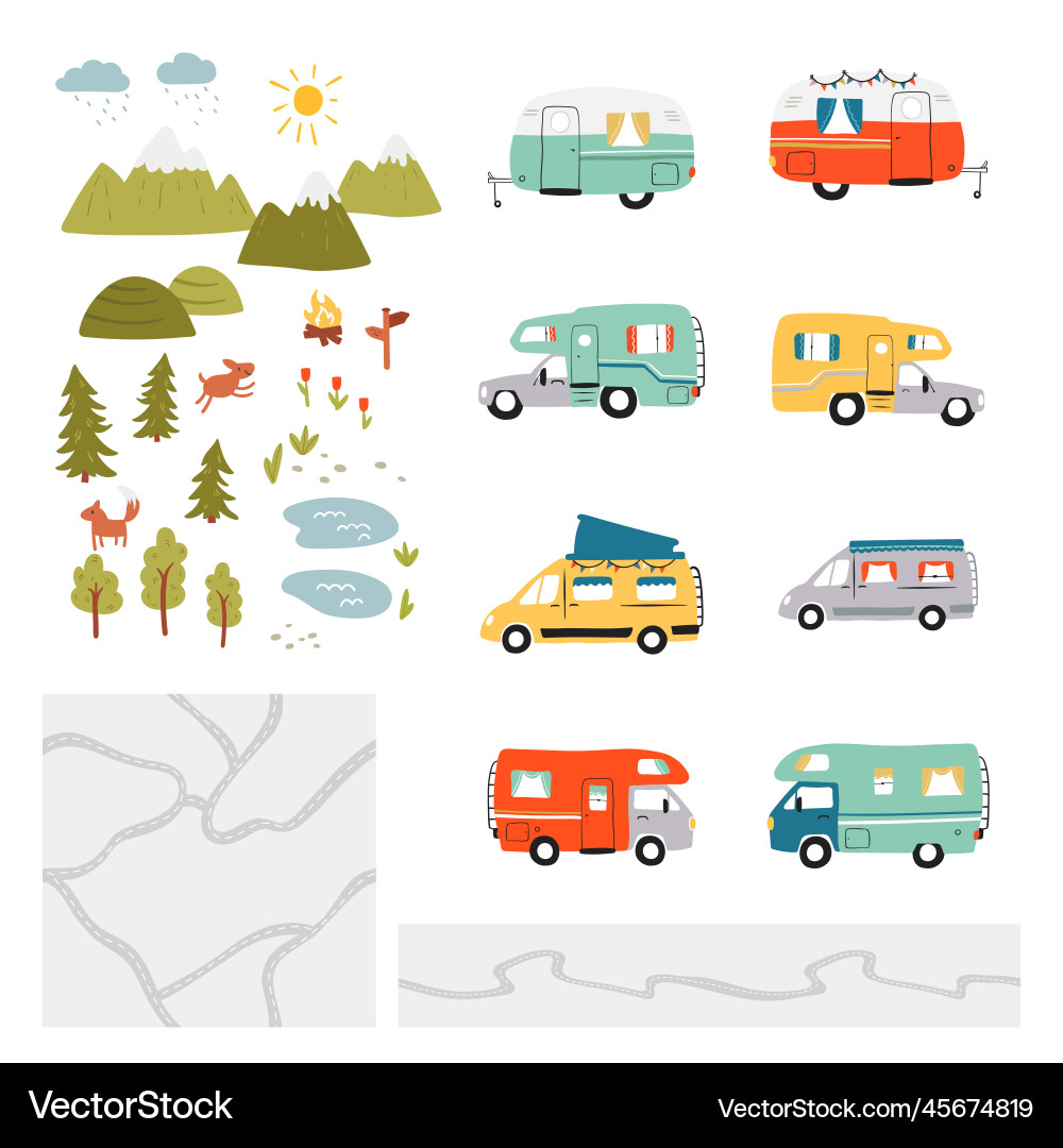 Road trip elements doodle camper vanlife Vektorbild