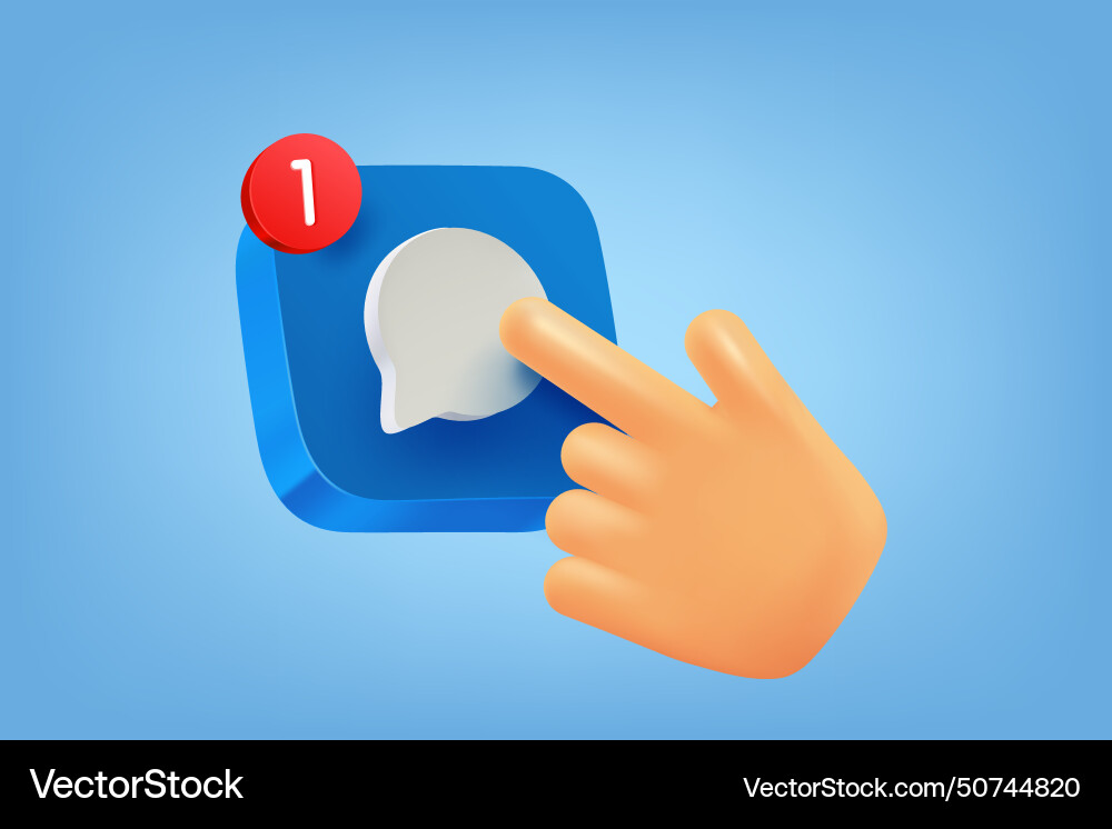 Hand pressing blue button with new message icon 3d