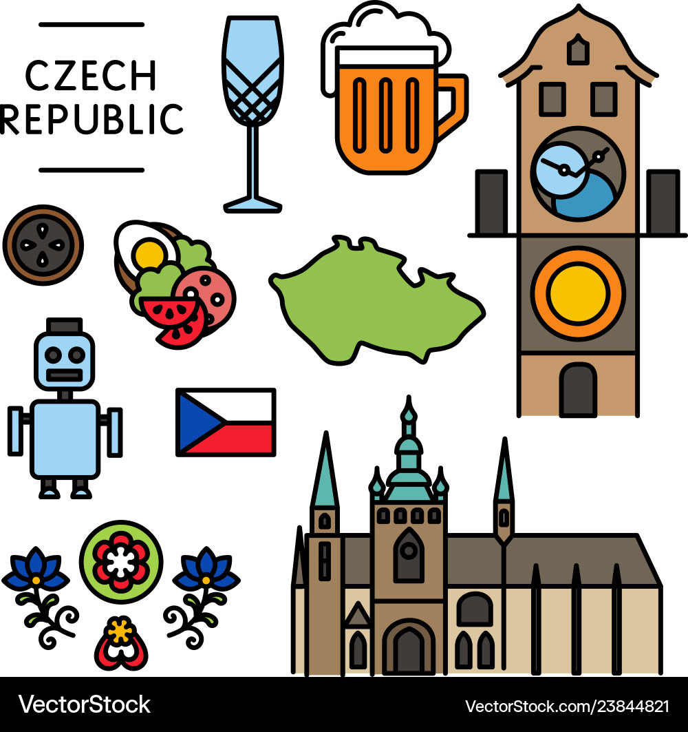 Czech traditional things icons isolated set Vector Image