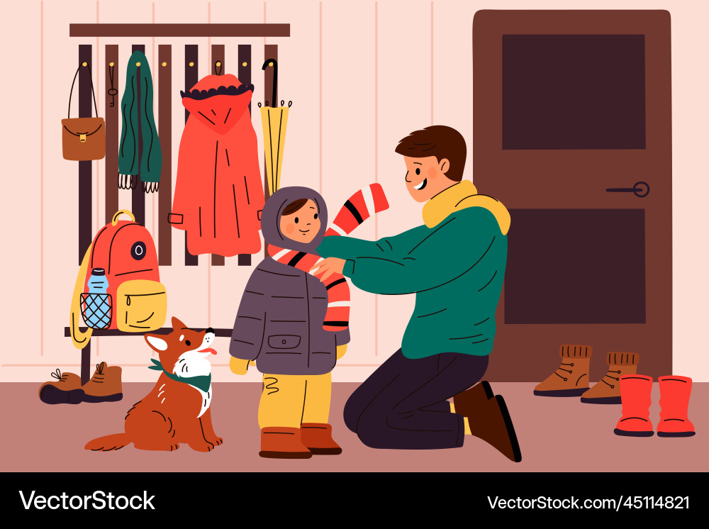 Father helps dressed child dad ties his sons Vector Image