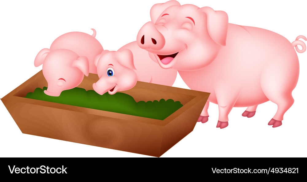 Happy cartoon pig eating Royalty Free Vector Image