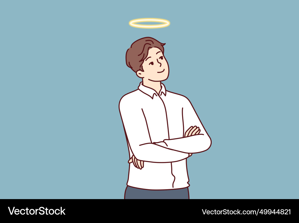 Kind man with angel halo above head is thinking Vector Image