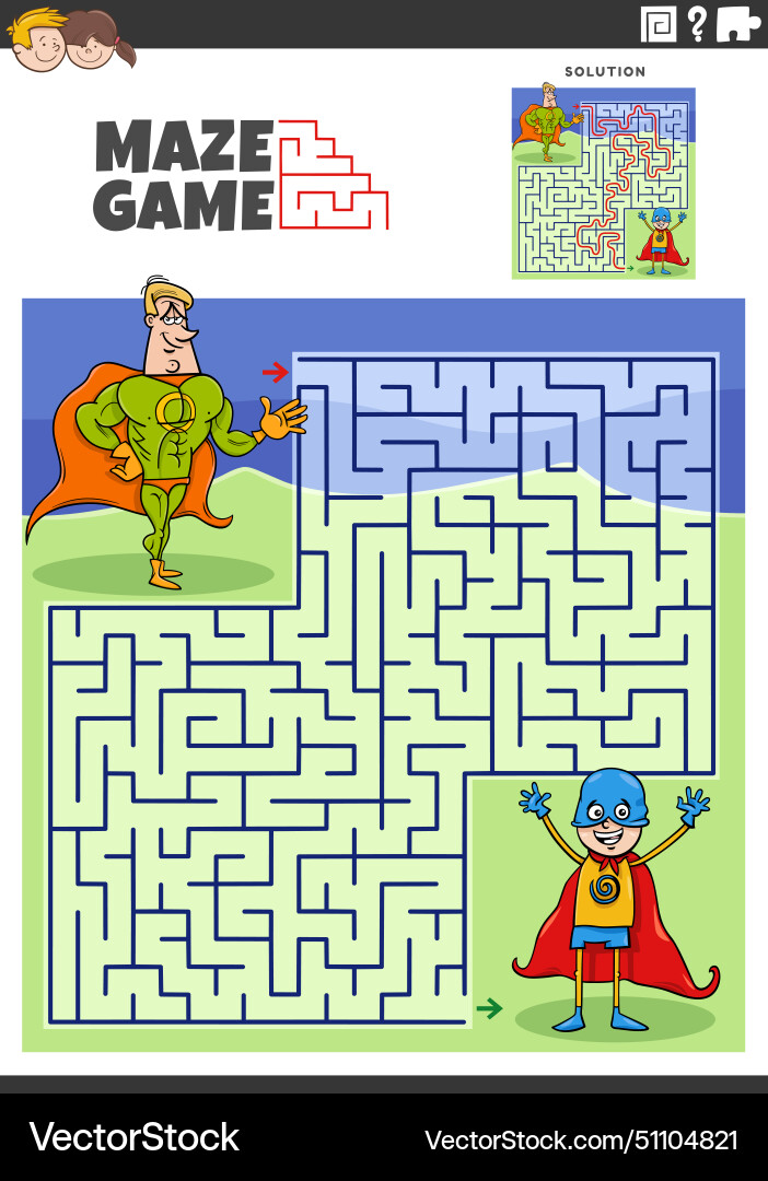 Maze activity with cartoon superhero characters Vector Image