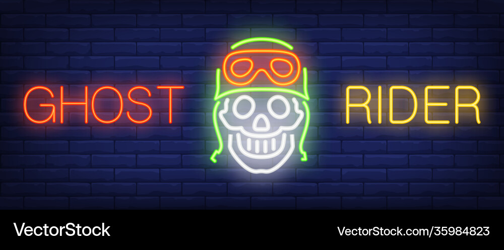 Ghost rider neon text with skull in helmet Vector Image