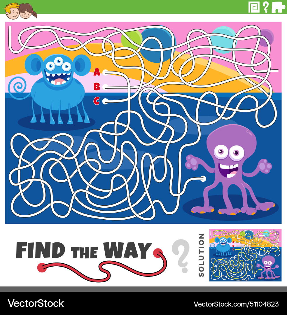 Maze game with funny cartoon monsters characters Vector Image