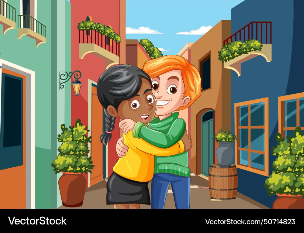 Two cartoon characters embracing warmly outdoors Vector Image